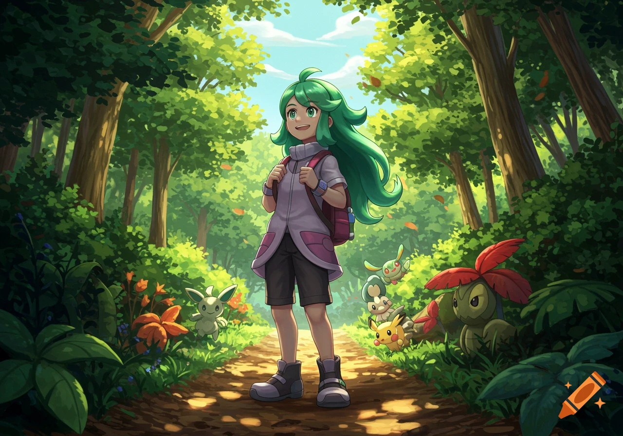 A smiling anime Pokemon trainer with green hair and a backpack stands ...
