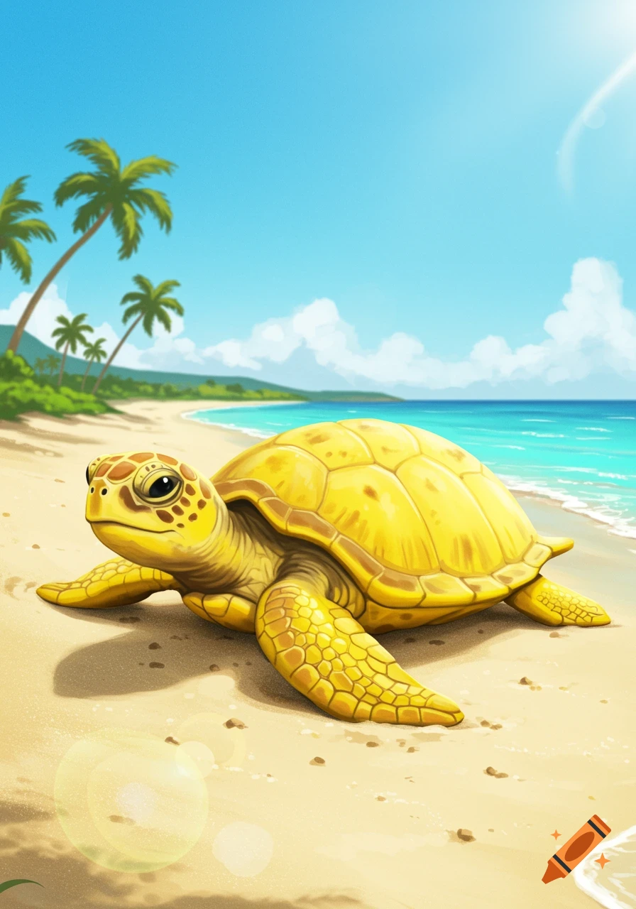 A cute purple cartoon turtle stands on a sandy beach, holding a green ...