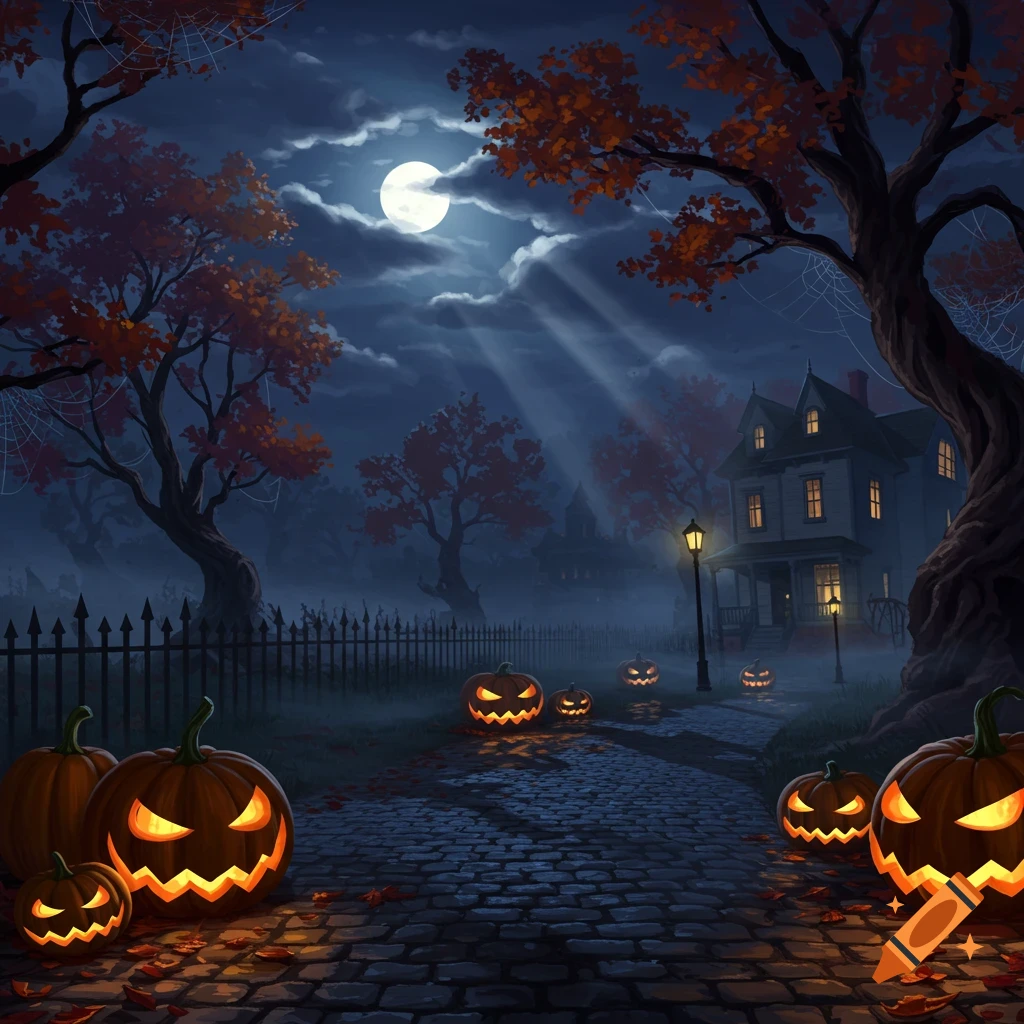 Spooky night scene with a full moon, haunted house, and glowing jack-o ...
