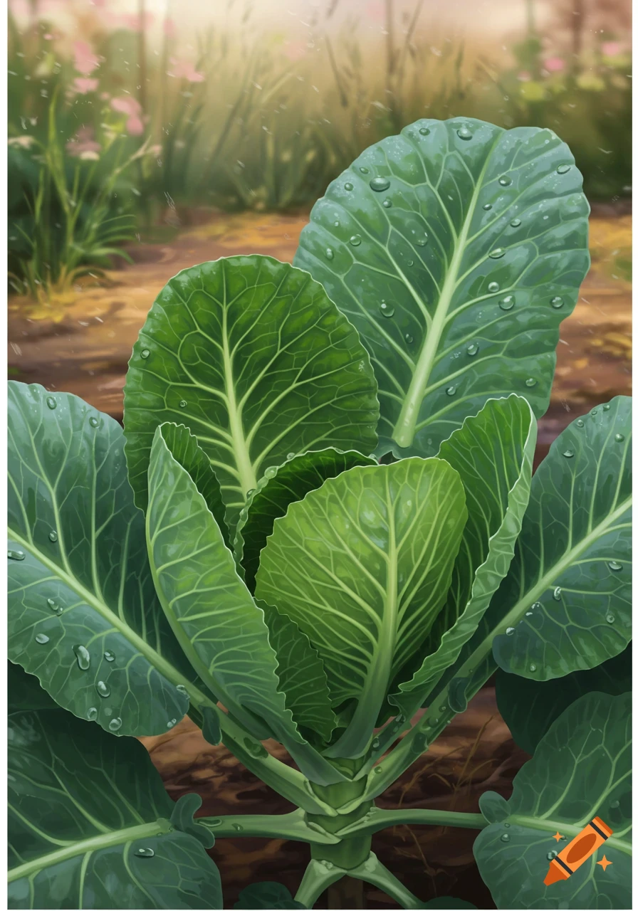 A close-up of a vibrant green cabbage with water droplets, surrounded by a blurred field of more ...