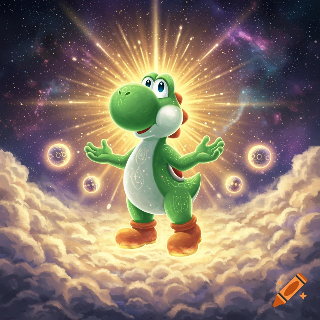 Yoshi, glowing brightly, stands on clouds in a cosmic, starry sky with ...