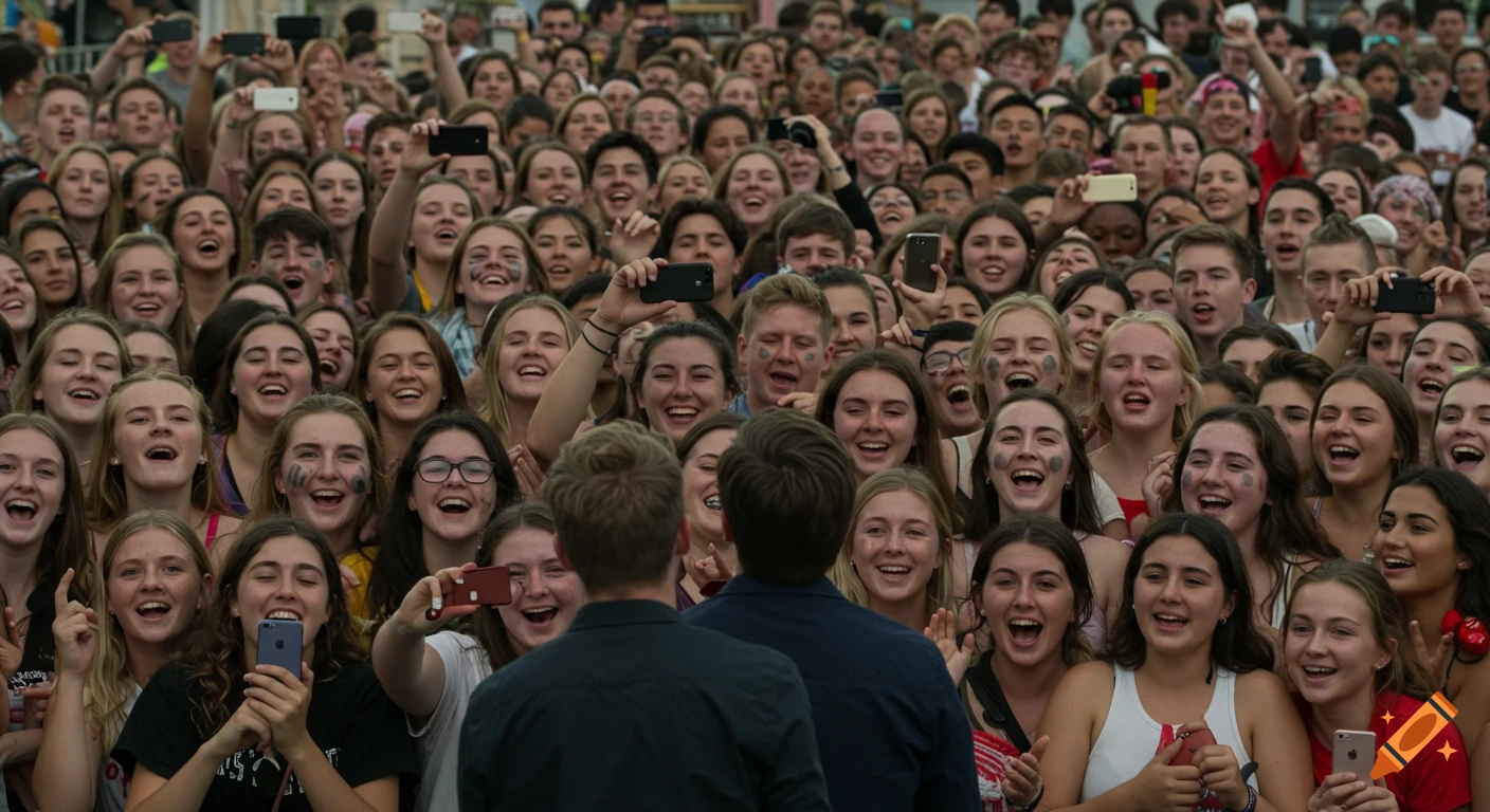 A hyperrealistic photo captures a large, excited crowd of young people ...