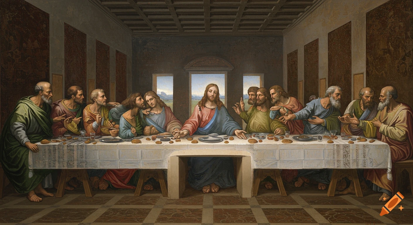 Abstract watercolor painting of the Last Supper with 13 figures seated ...