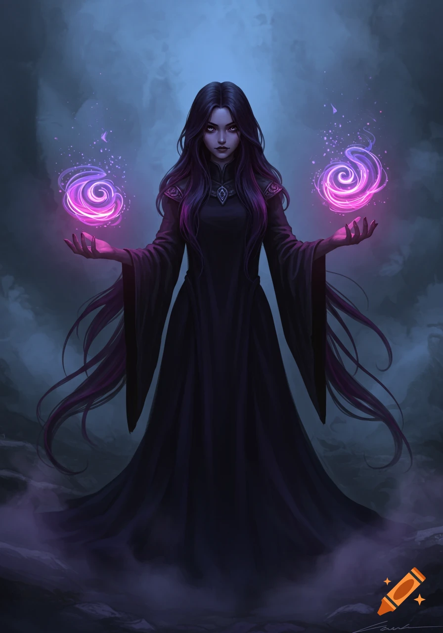 A dark-haired sorceress in a black gown stands holding two glowing ...