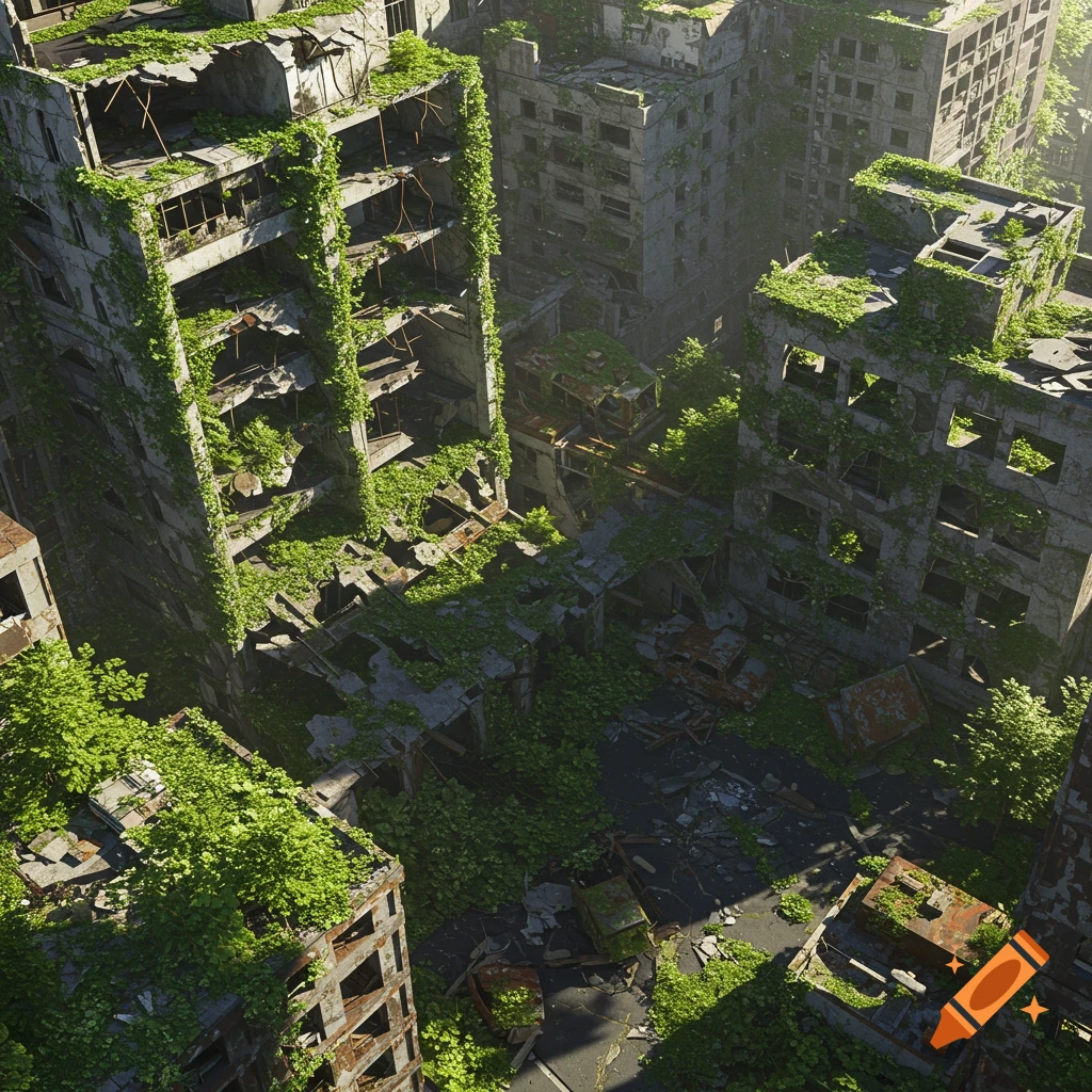 Top down view of a ruined city block years after an apocalypse, with ...