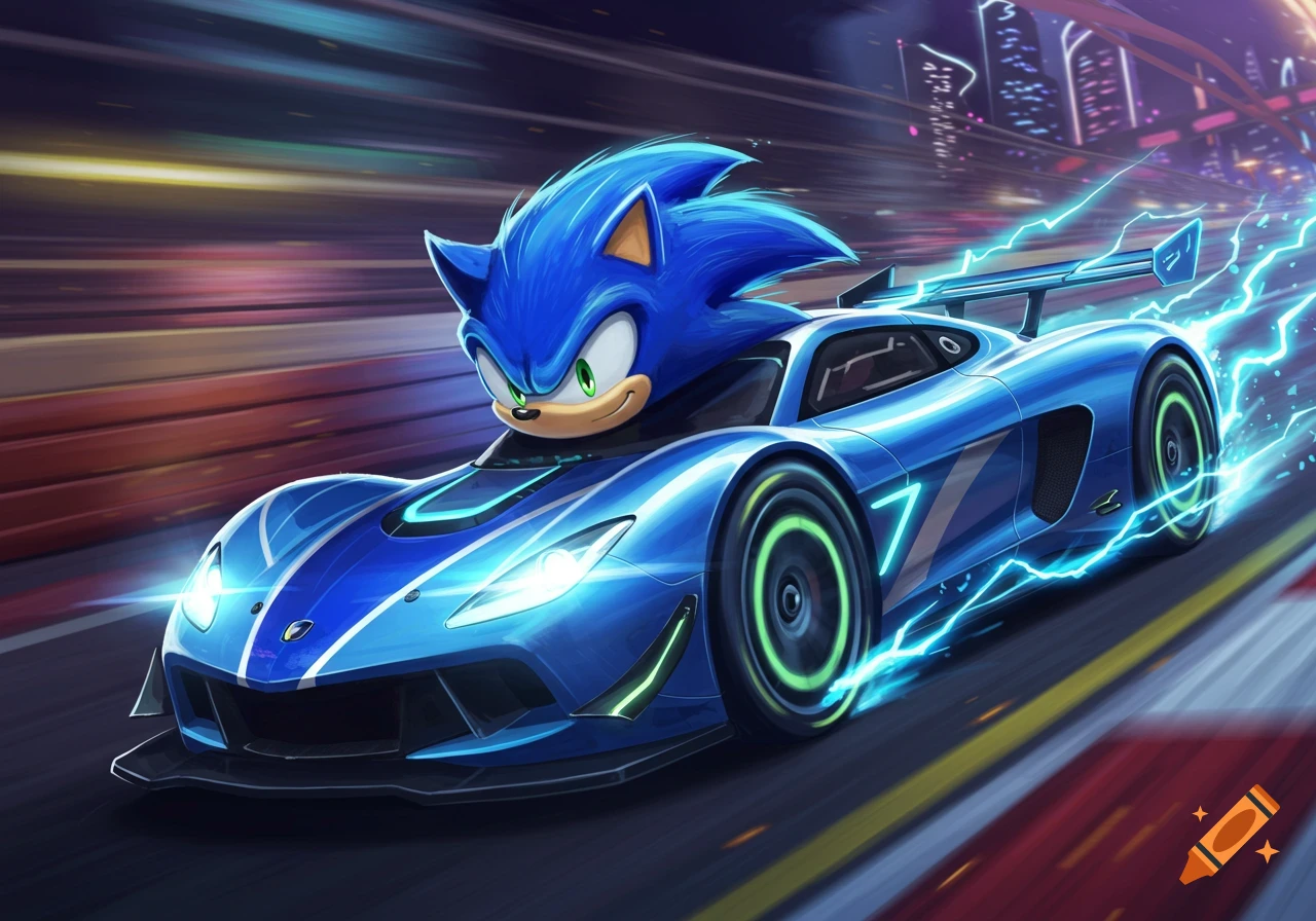 Sonic the Hedgehog drives a sleek blue racecar with glowing lightning ...