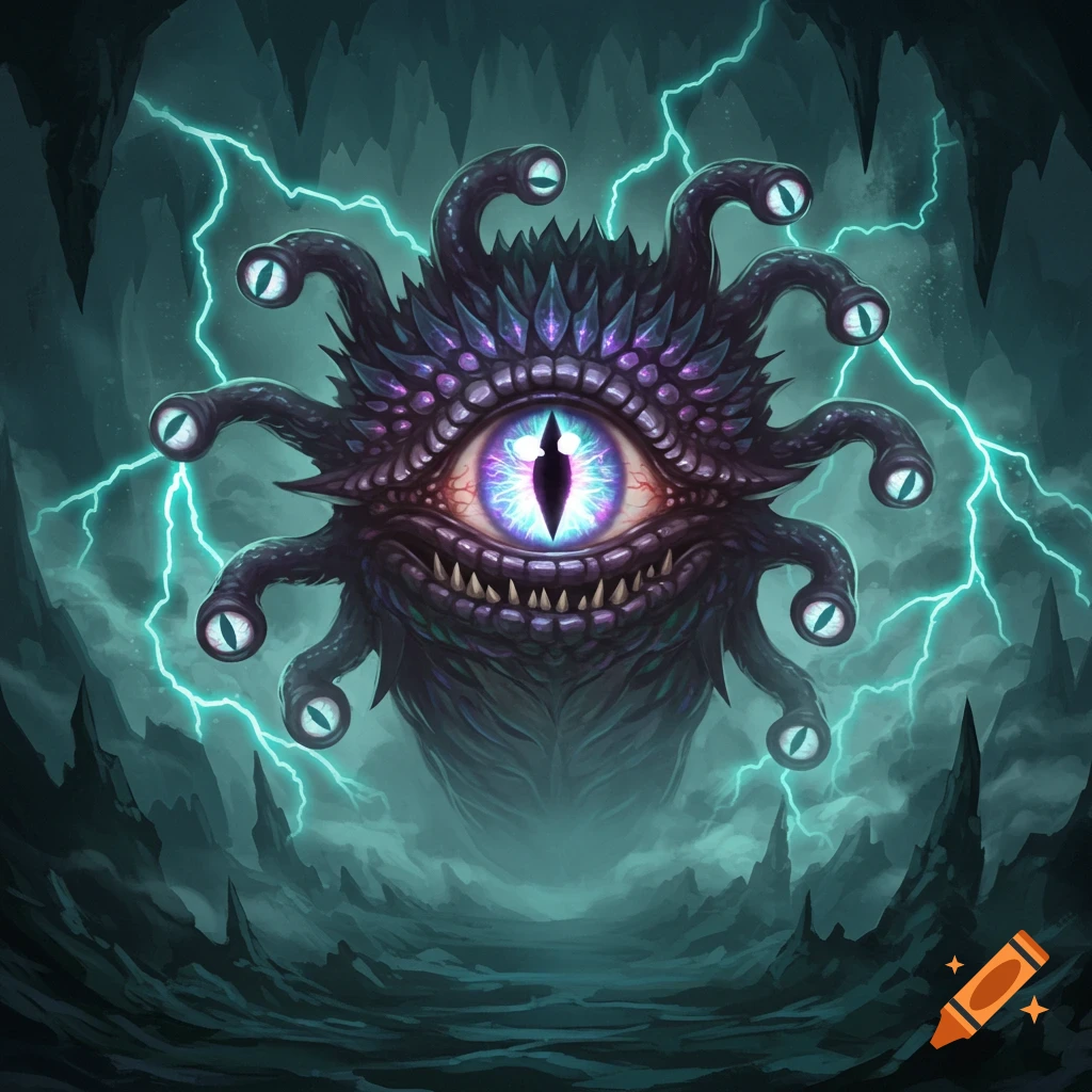 A dark fantasy image of a horned, monstrous creature with glowing red ...