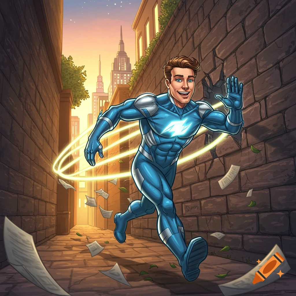 A cartoon superhero made of golden crispy honey flies over a city at ...