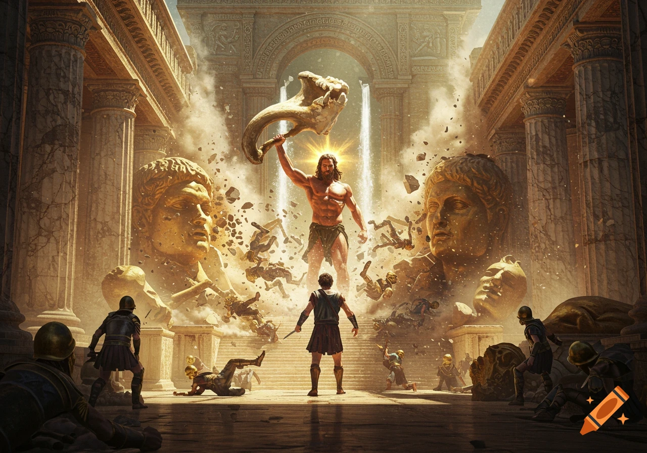 Muscular Samson wielding a jawbone demolishes an ancient temple ...