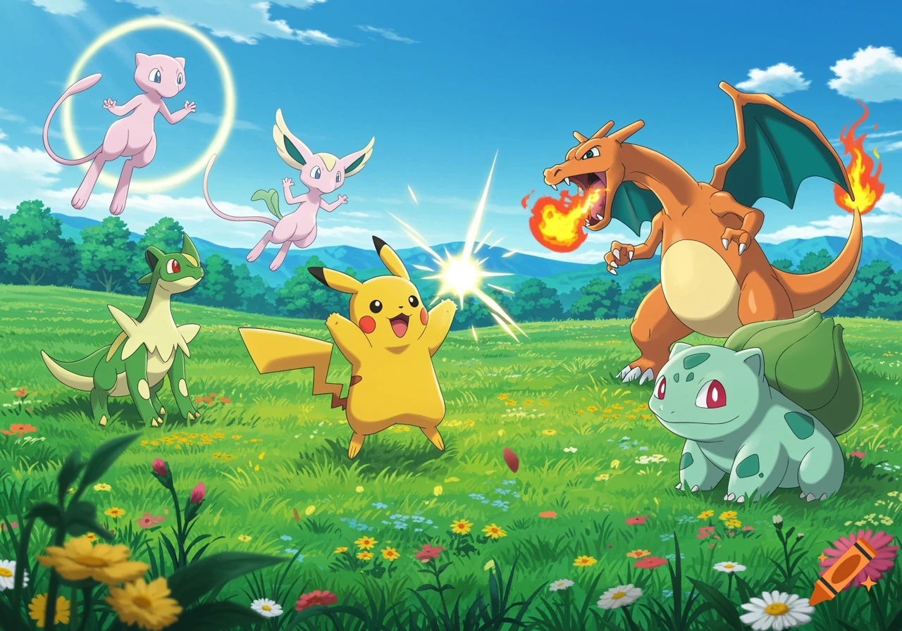 Pikachu, Charizard, Mew, Espeon, Bulbasaur, and a green dinosaur-like ...
