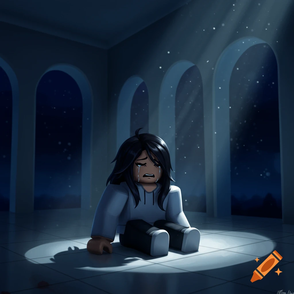 A Roblox-style character with dark hair cries while sitting on a tiled ...