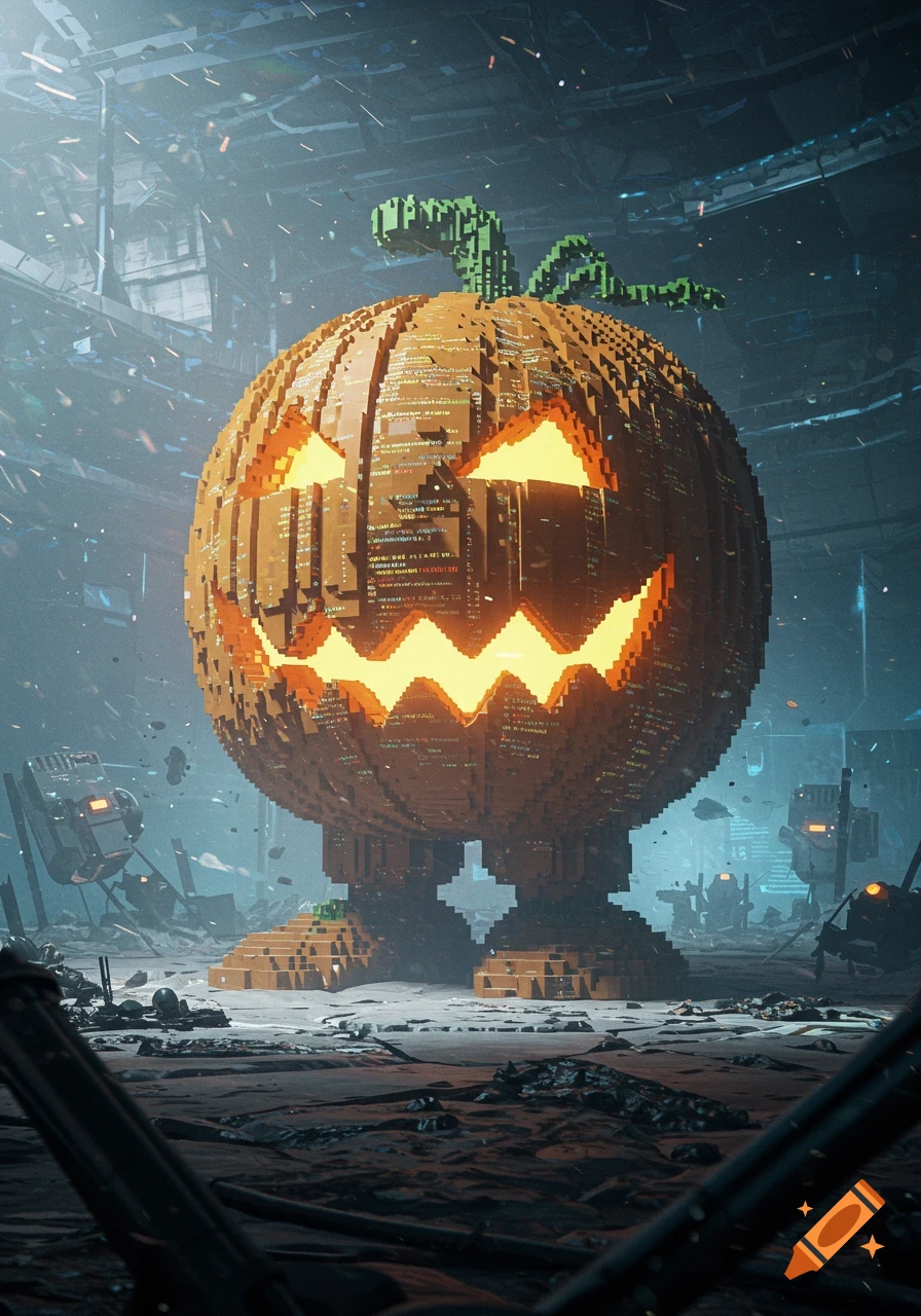 A giant, pixelated jack-o'-lantern, appearing to be made of code ...