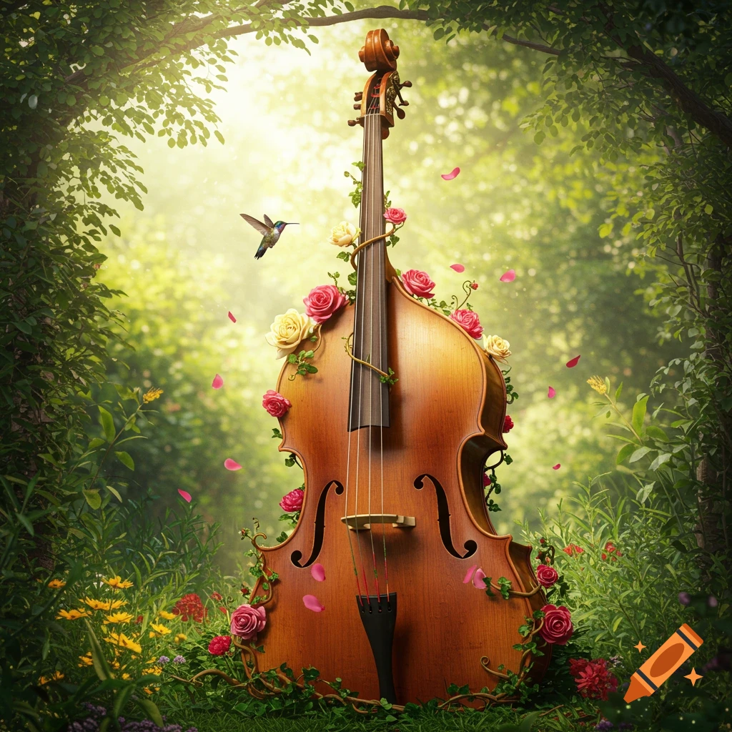 A double bass decorated with roses and vines stands in a sunlit forest ...