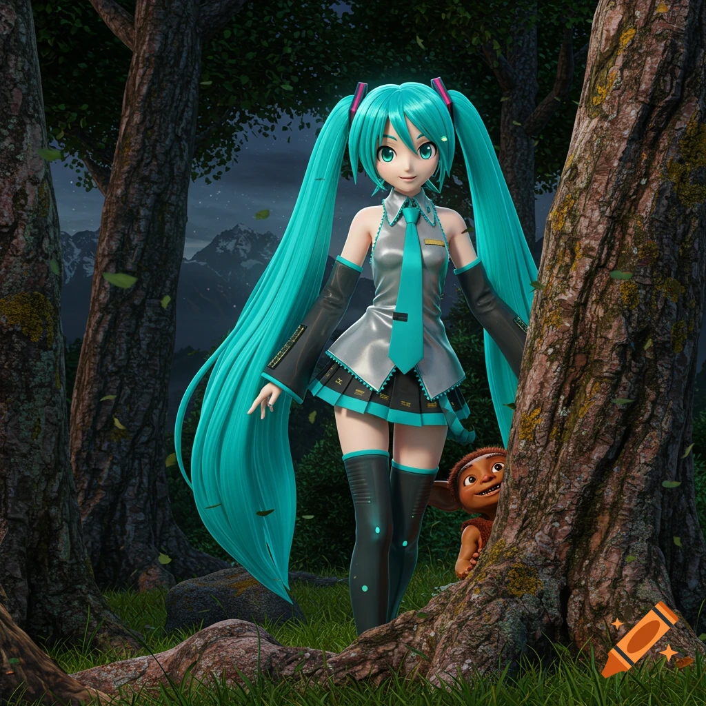 Hatsune Miku in a silvery and teal outfit stands in a dark forest, with ...