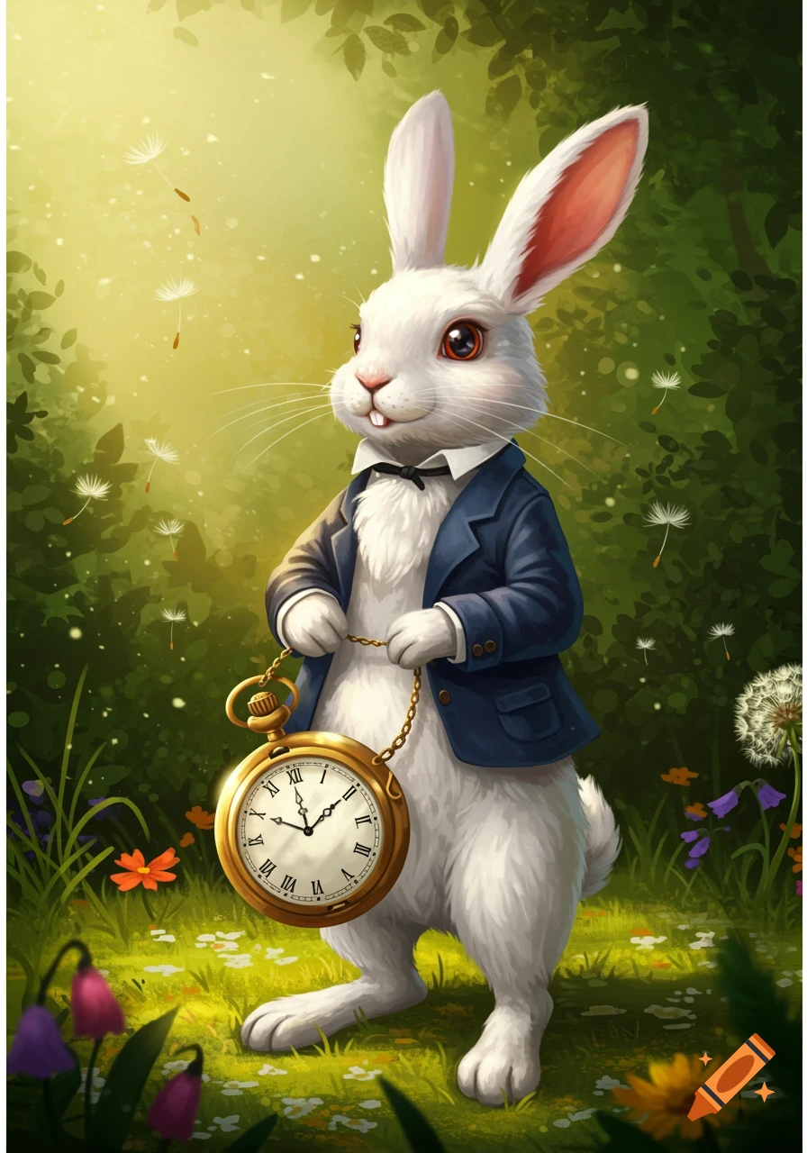 A white rabbit wearing glasses and a blue suit stands in a whimsical ...