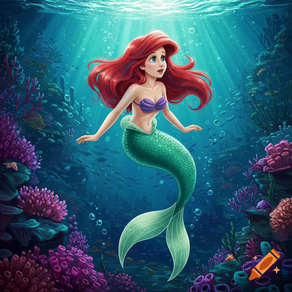Illustrated Ariel, The Little Mermaid, swims smiling underwater among ...