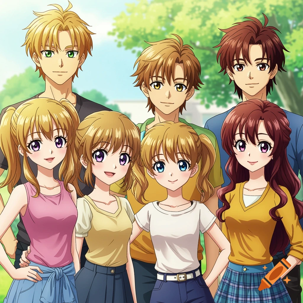 Anime-style group portrait of six smiling teenagers, three boys and ...
