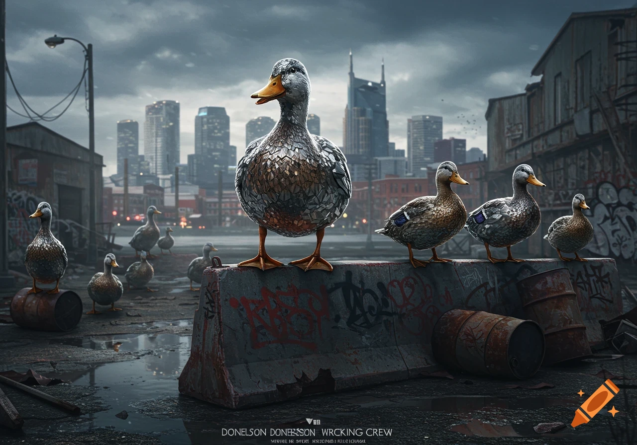A large duck stands prominently on a concrete barrier with graffiti, surrounded by smaller ducks ...