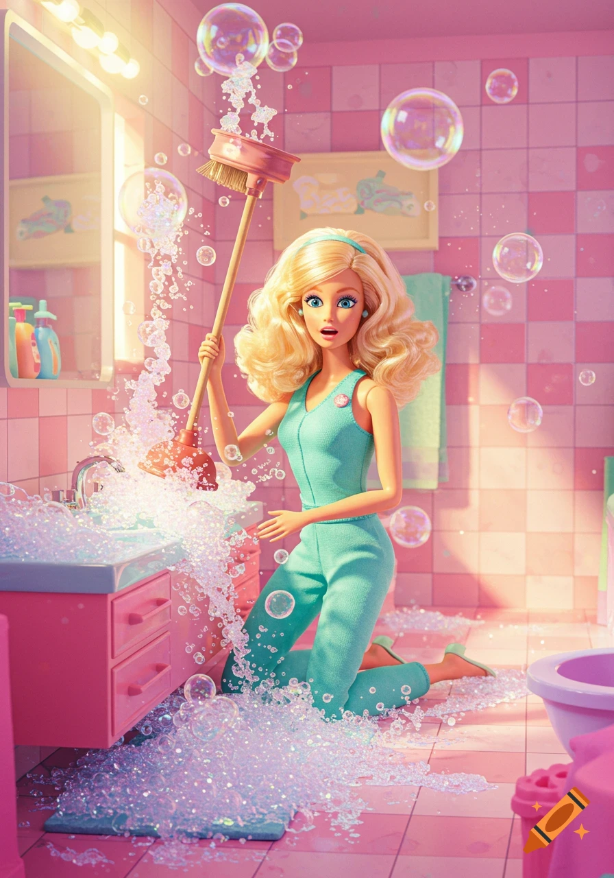 A Barbie doll kneeling in a pink bathroom, looking surprised, holding an upside-down plunger as ...