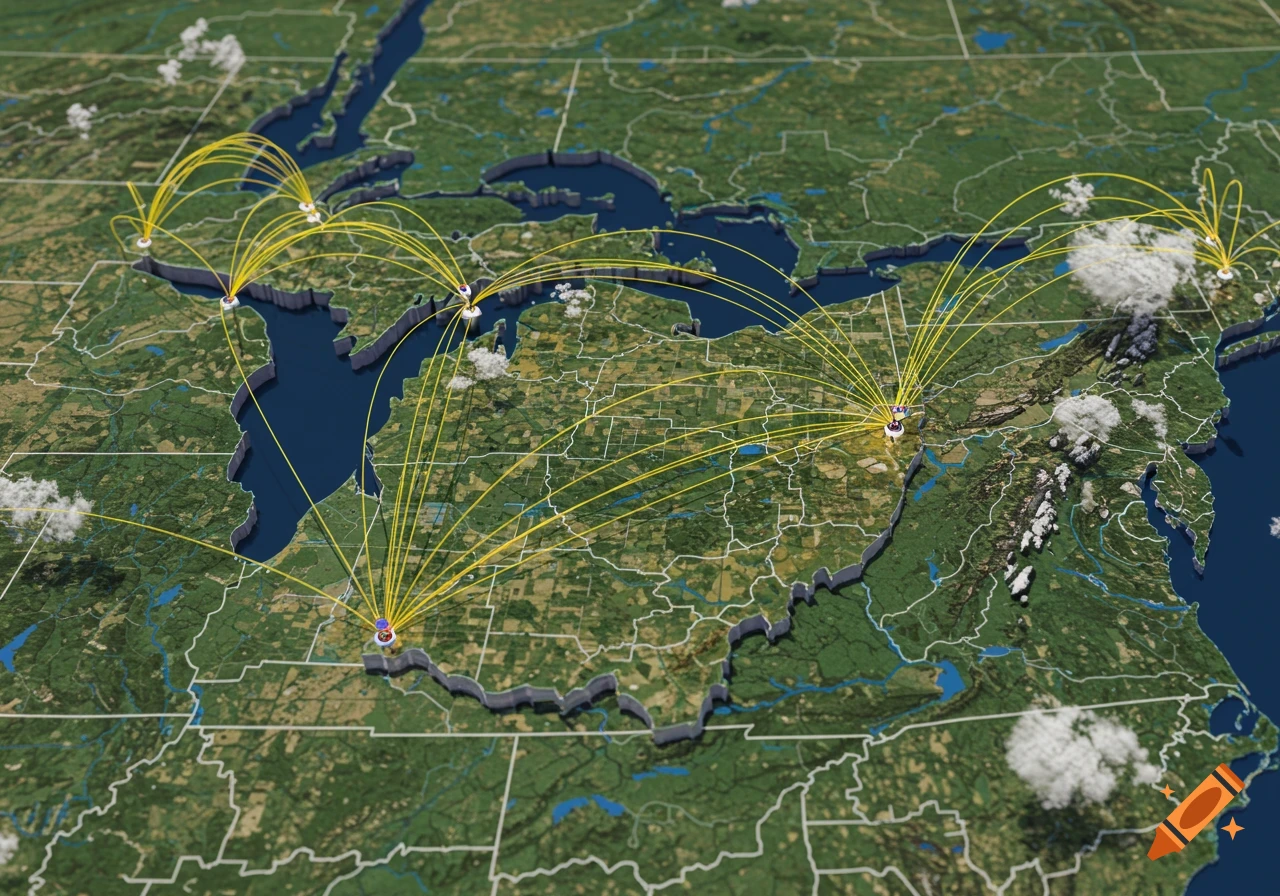 Birdseye view of a 3D map of the midwestern US with yellow lines ...