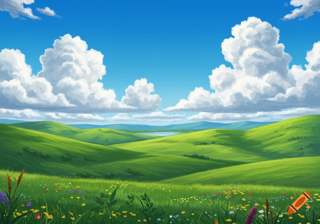 A cartoon landscape featuring tall green grass with dew drops, fluffy ...
