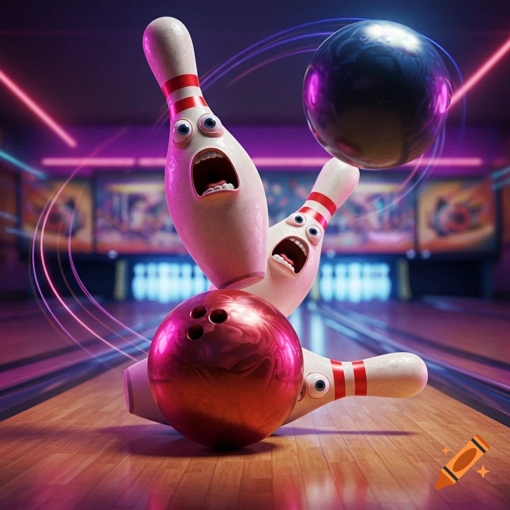 An angry cartoon bowling pin with arms and legs faces a flaming bowling ...