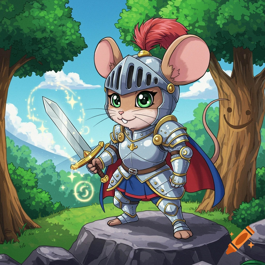 A cute cartoon mouse knight in silver armor with a red plume, holding a ...