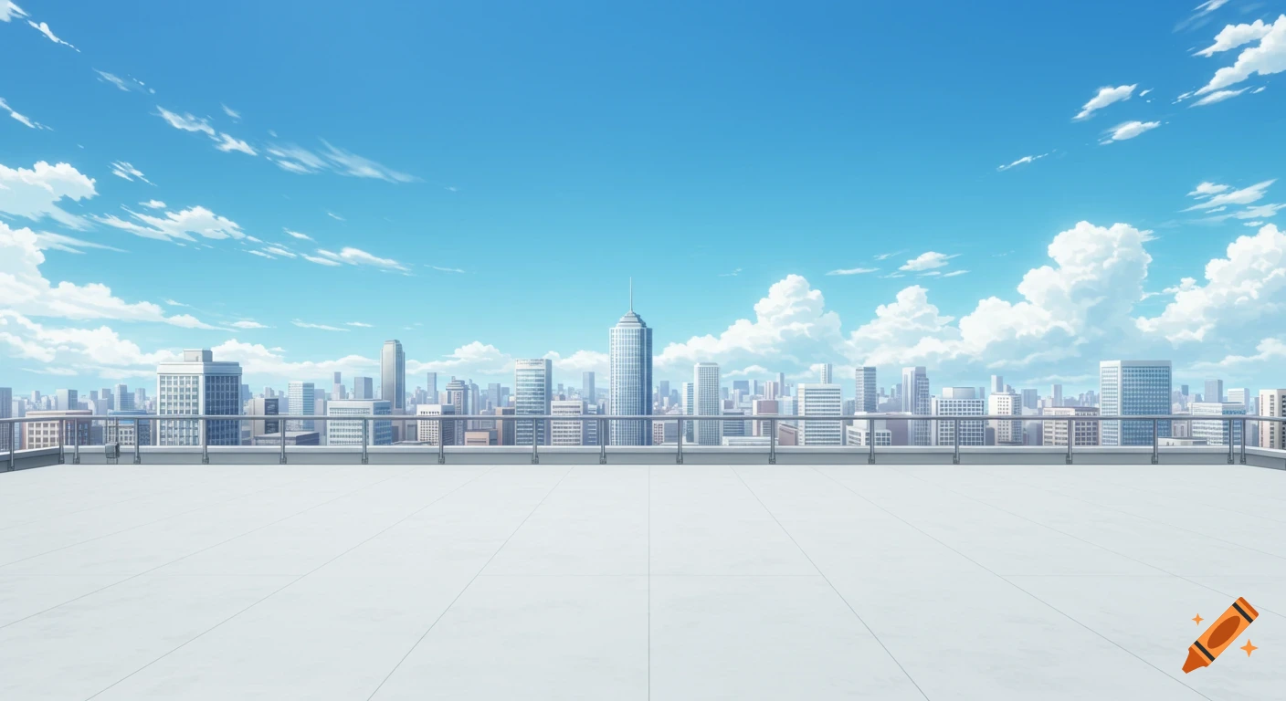 Anime background art of a wide, flat skyscraper rooftop overlooking a ...