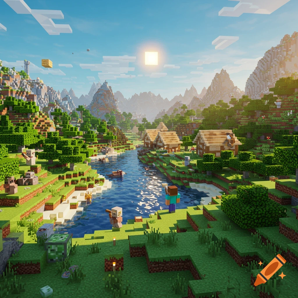 A Minecraft-style beach at sunset with a campfire, beneath a sky ...