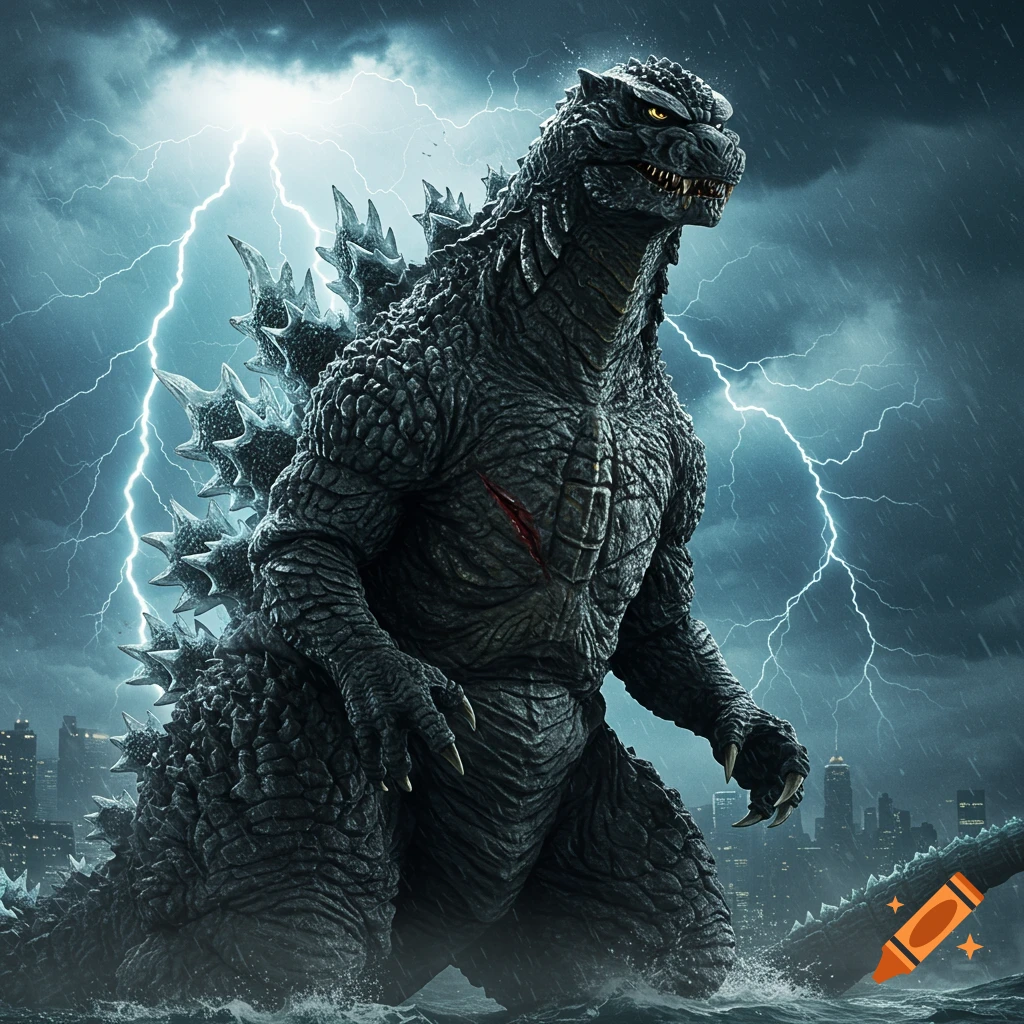 A giant monstrous creature (Godzilla) stands in stormy waters with lightning in the sky and a ...