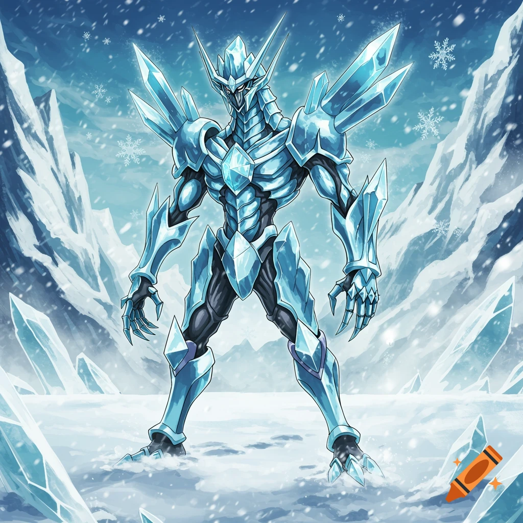 An armored ice-themed creature or robot stands in a snowy, mountainous landscape, with sharp ice ...