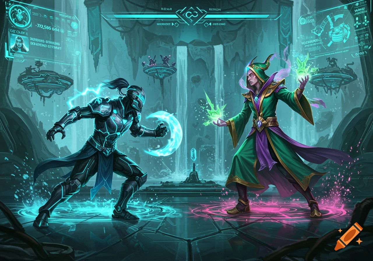 A sci-fi fantasy illustration of a knight in glowing armor fighting a ...