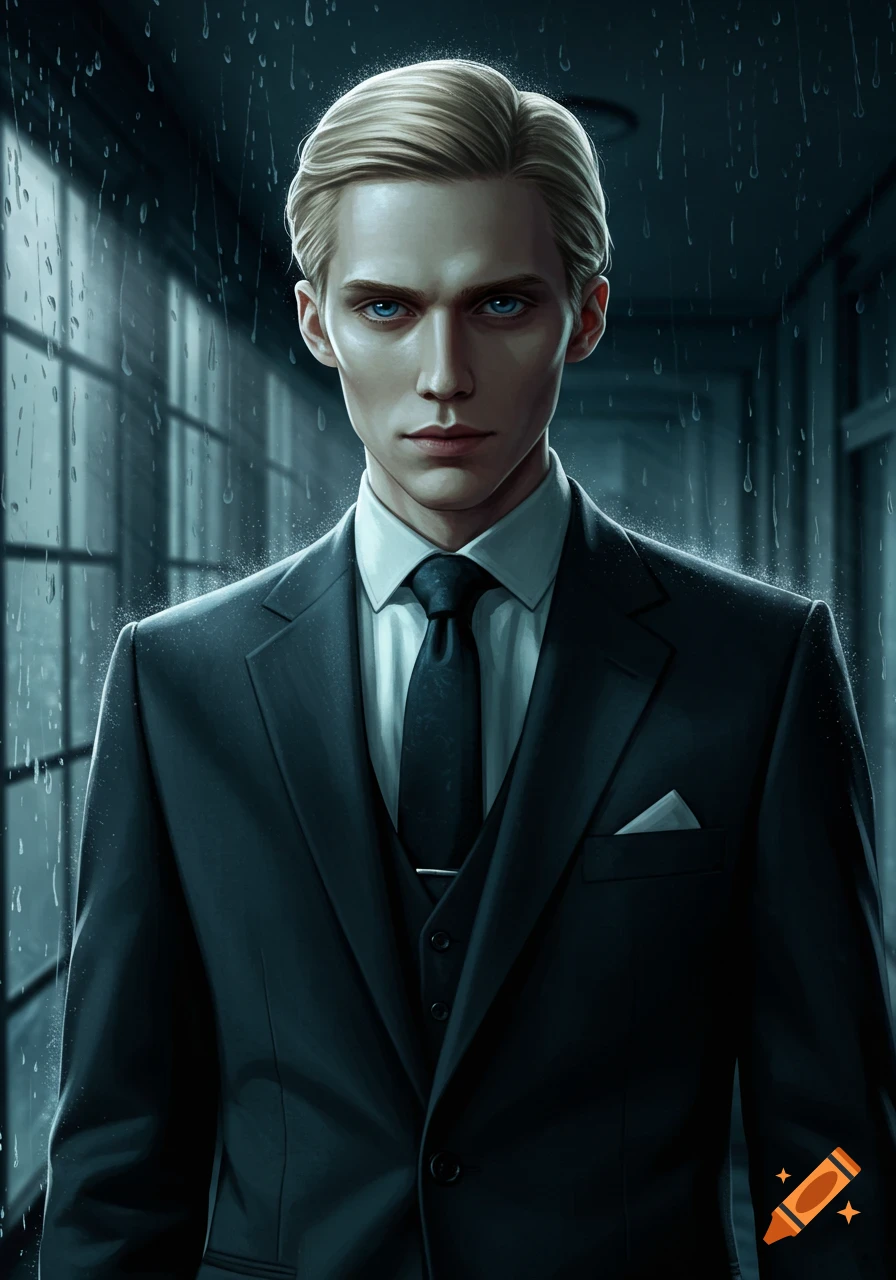 A stern man with blond hair and blue eyes in a dark suit stands in the ...