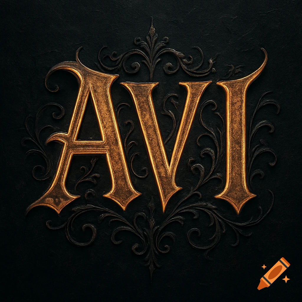 Ornate black gothic letters V and R with filigree on a textured tan ...