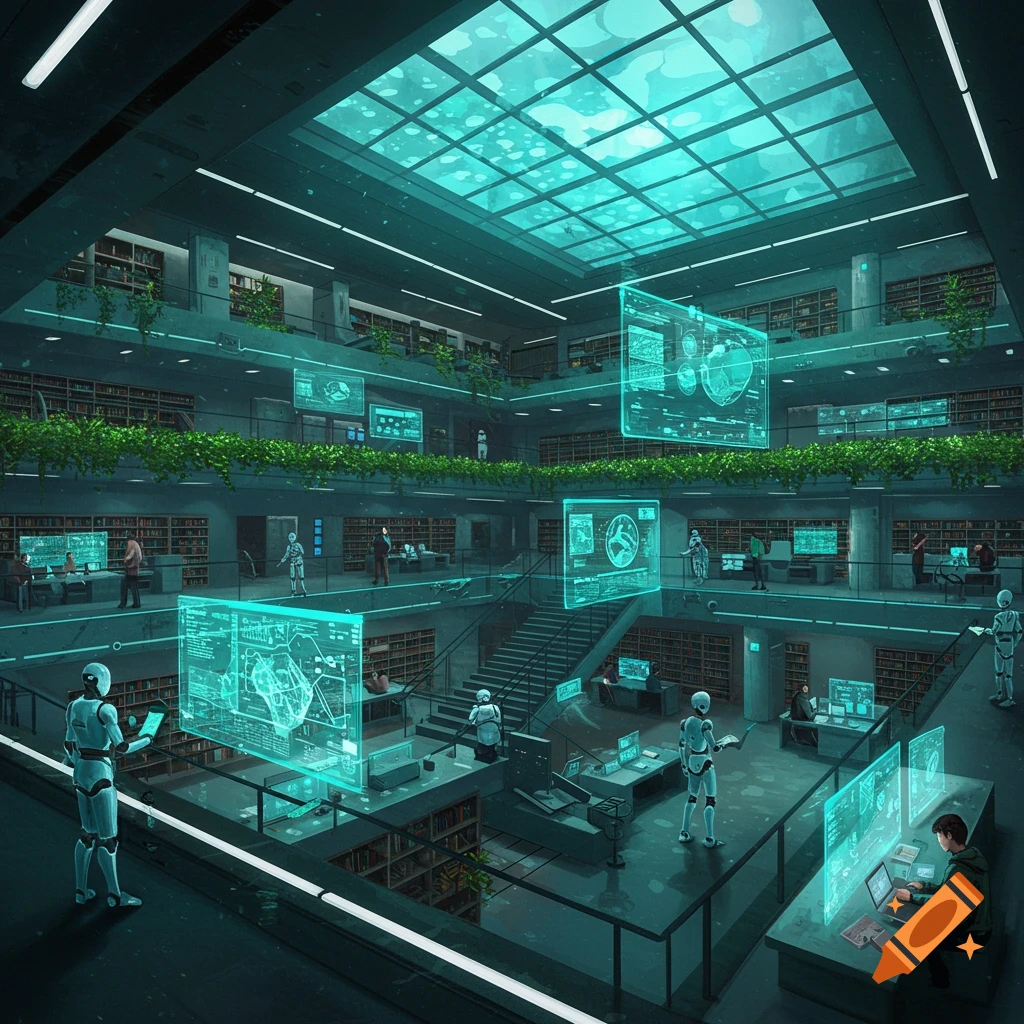 A futuristic library with tall wooden bookshelves, a central glowing ...