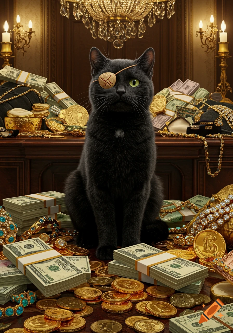 A tabby cat with green eyes lies on a gleaming pile of gold coins and ...