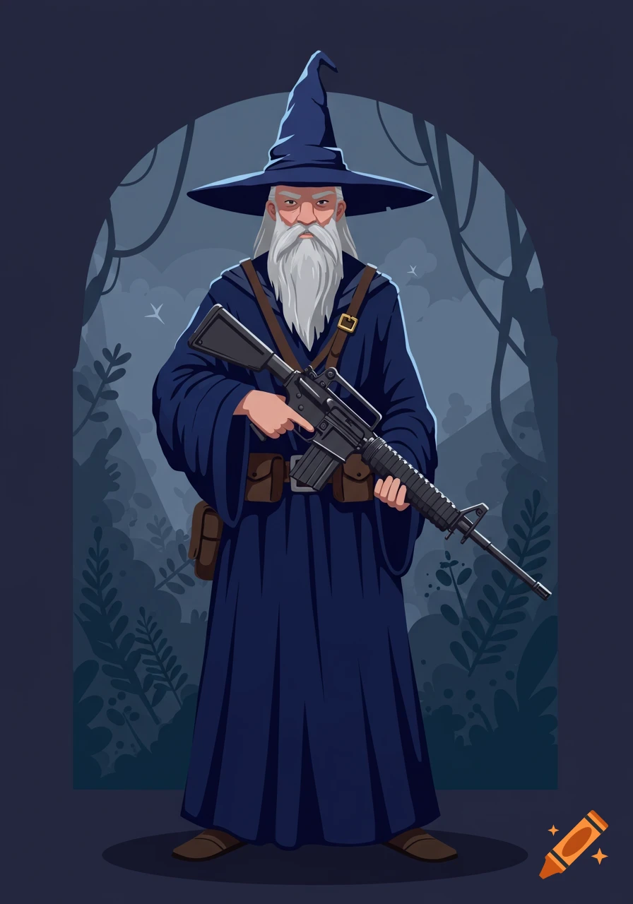 An illustration of an old wizard in a blue robe and pointy hat holding ...