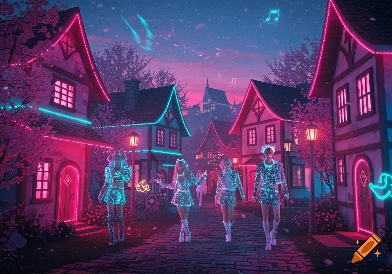 Four K-pop inspired individuals walk through a vibrant neon-lit village ...