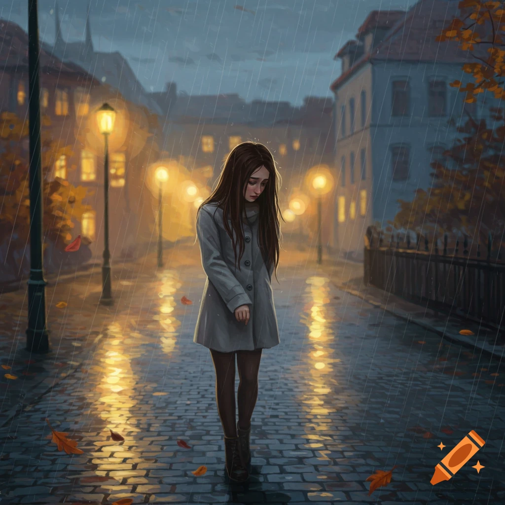 A lone person with a vibrant rainbow umbrella walks down a rainy, brick ...