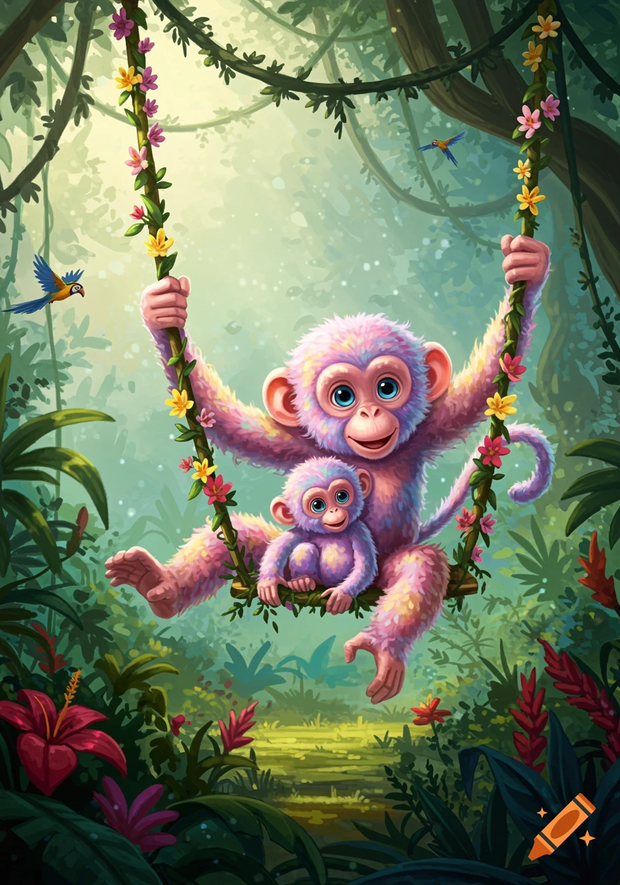 A whimsical monkey made of colorful candies in a vibrant jungle setting ...