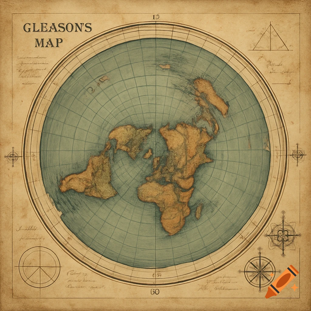 An antique-style flat Earth map, depicting continents on a circular ...