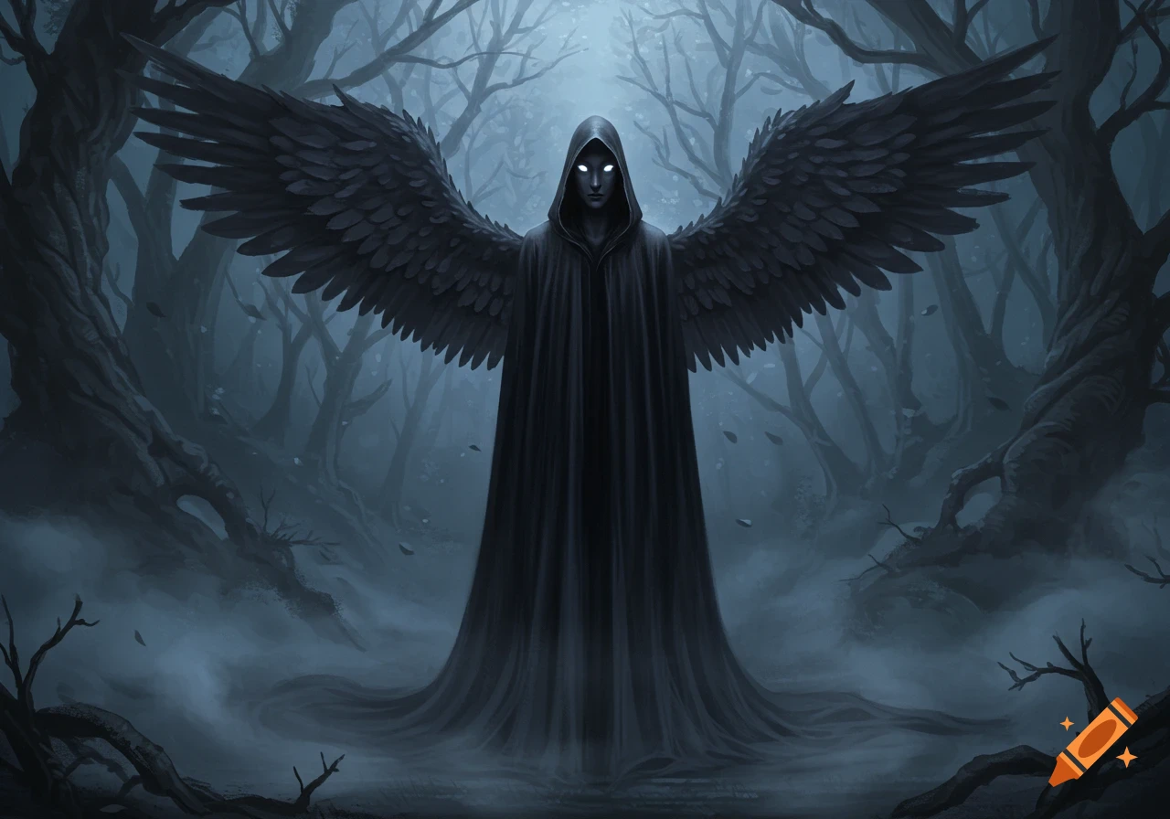 A dark angelic figure with black wings and glowing eyes stands in a misty, gnarled forest ...