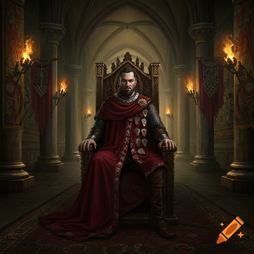 A solemn king in red robes and a crown sits on a golden throne in a ...