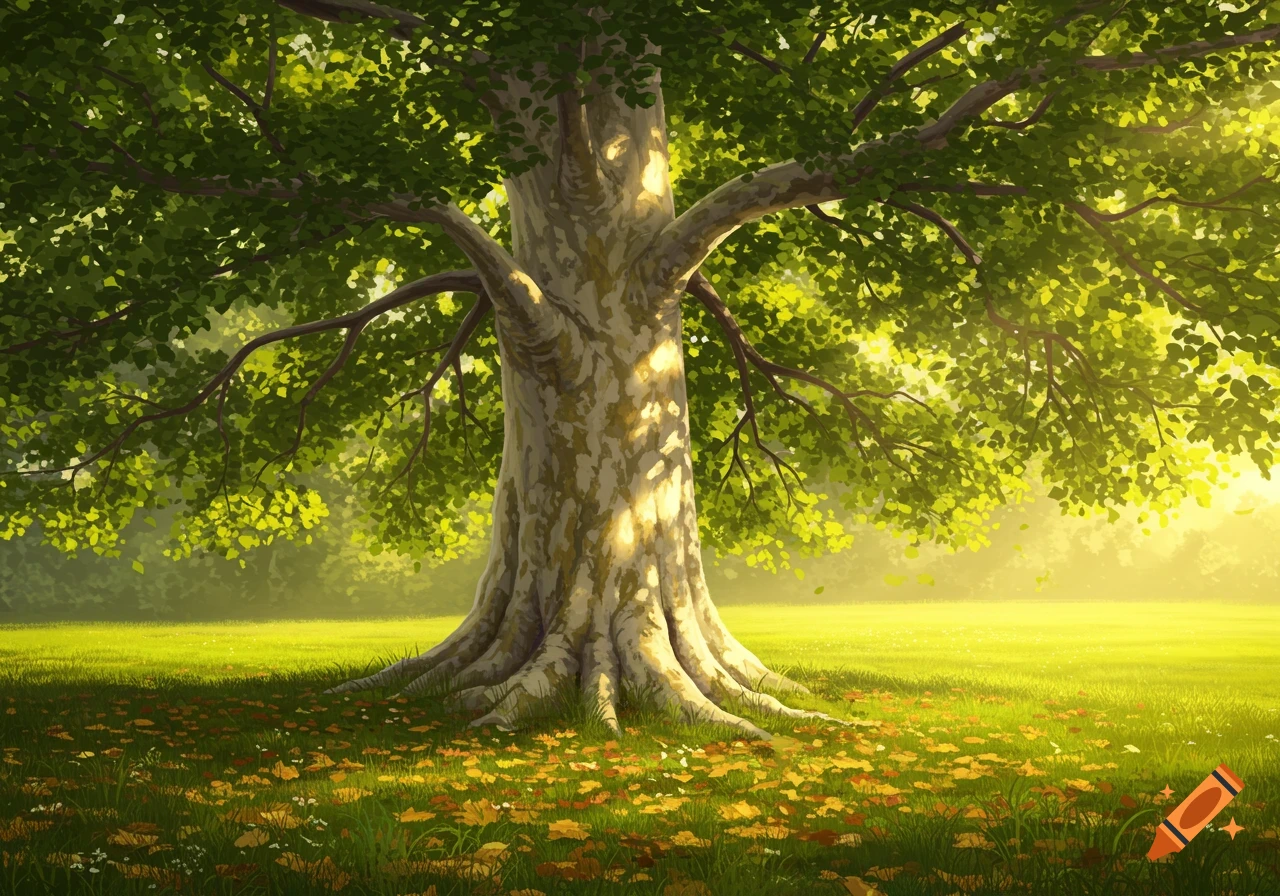 A large sycamore tree with green leaves stands in a sunny, grassy field ...