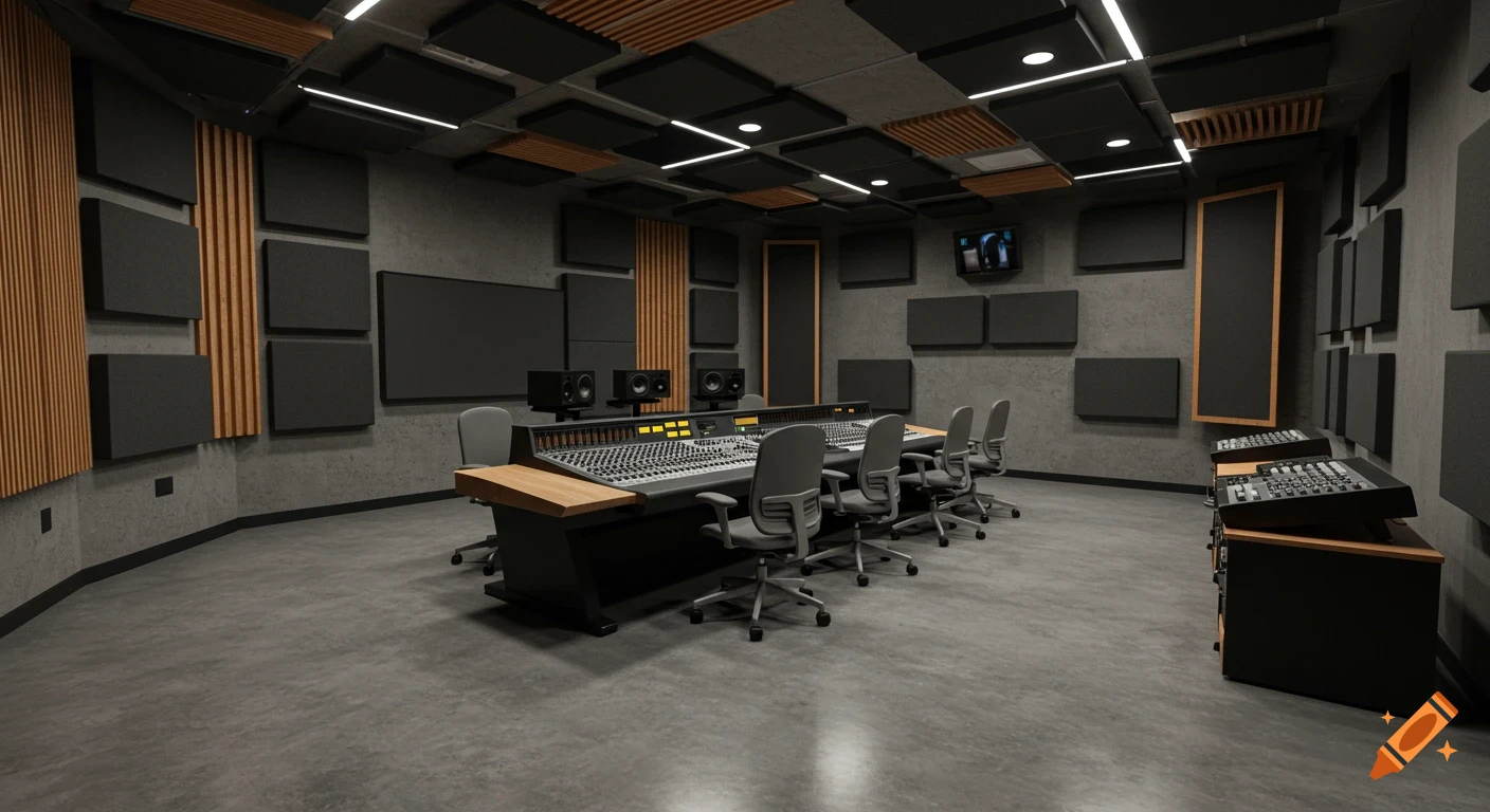 A modern music recording studio at night, with a large mixing console ...