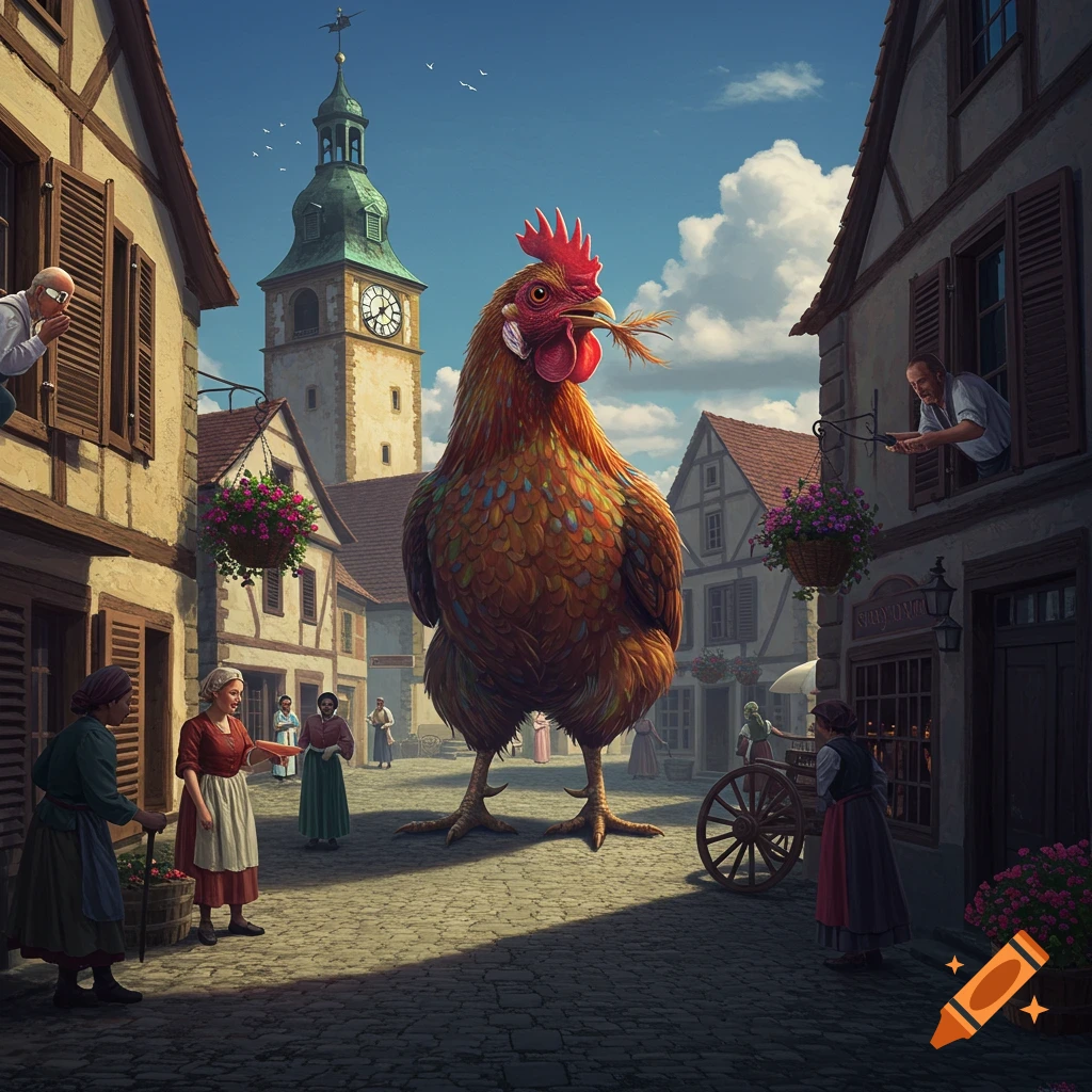 A giant chicken stands in the cobblestone square of a medieval-style ...