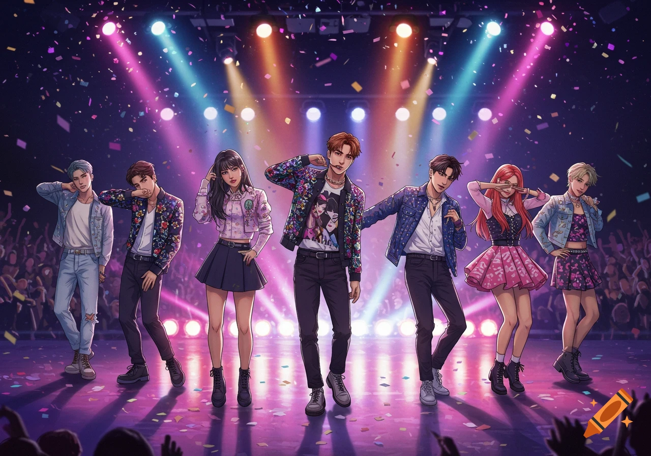 An anime-style K-pop group of six performers on stage during a vibrant ...