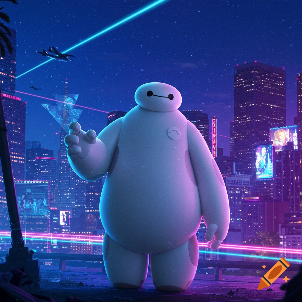 Baymax stands in a neon-lit futuristic city street at night, with blurry background lights and ...