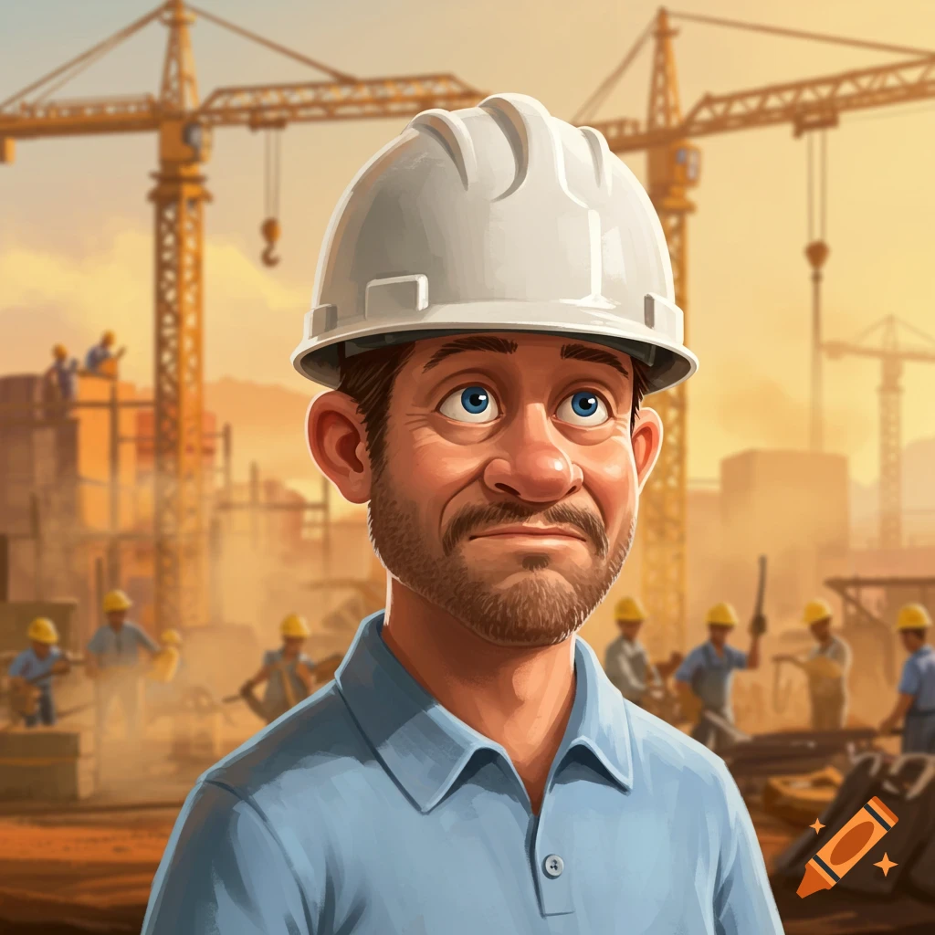 Cartoon illustration of a bearded man in a white hard hat and blue polo ...