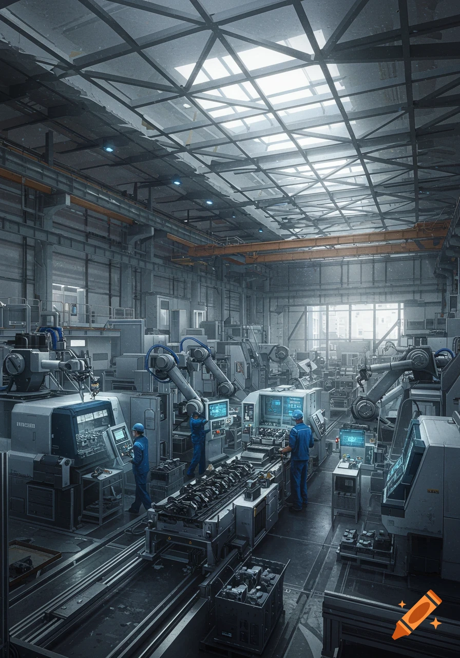 A robotic arm works on a conveyor belt filled with cookies in a modern ...